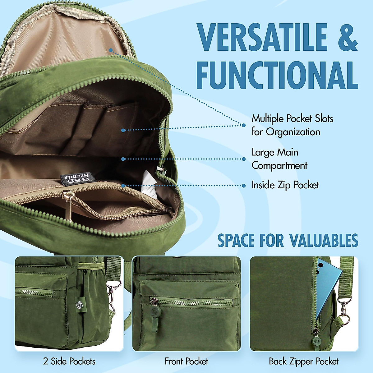 Grand Sierra Designs Mini Backpack for Women - Cute Crossbody Bags for Women W/Anti Theft Pocket - Multi Compartment Mini Backpack W/Expansive Storage for School, Traveling, Hiking, & more - Olive