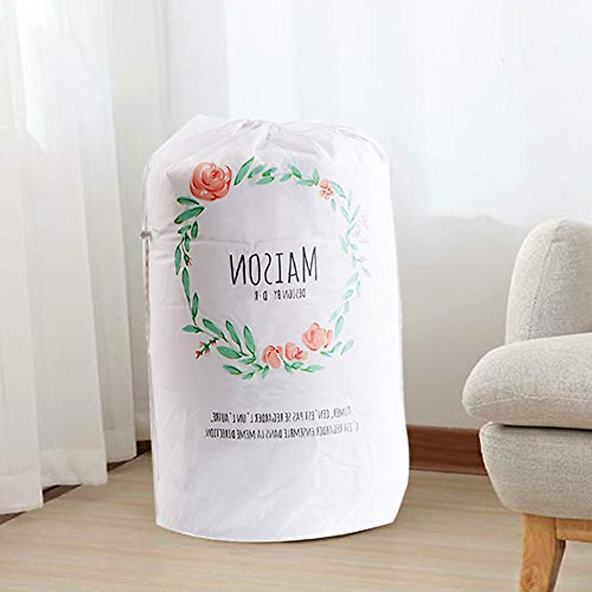Yosoo Quilt Storage Bag, Cylindrical Large Capacity Clothes Pillow Blanket Storage Bags Reusable Drawstring Packing Bag for Comforters Blankets Bedding (15.7x15.7x31.5in)(3#Flower)