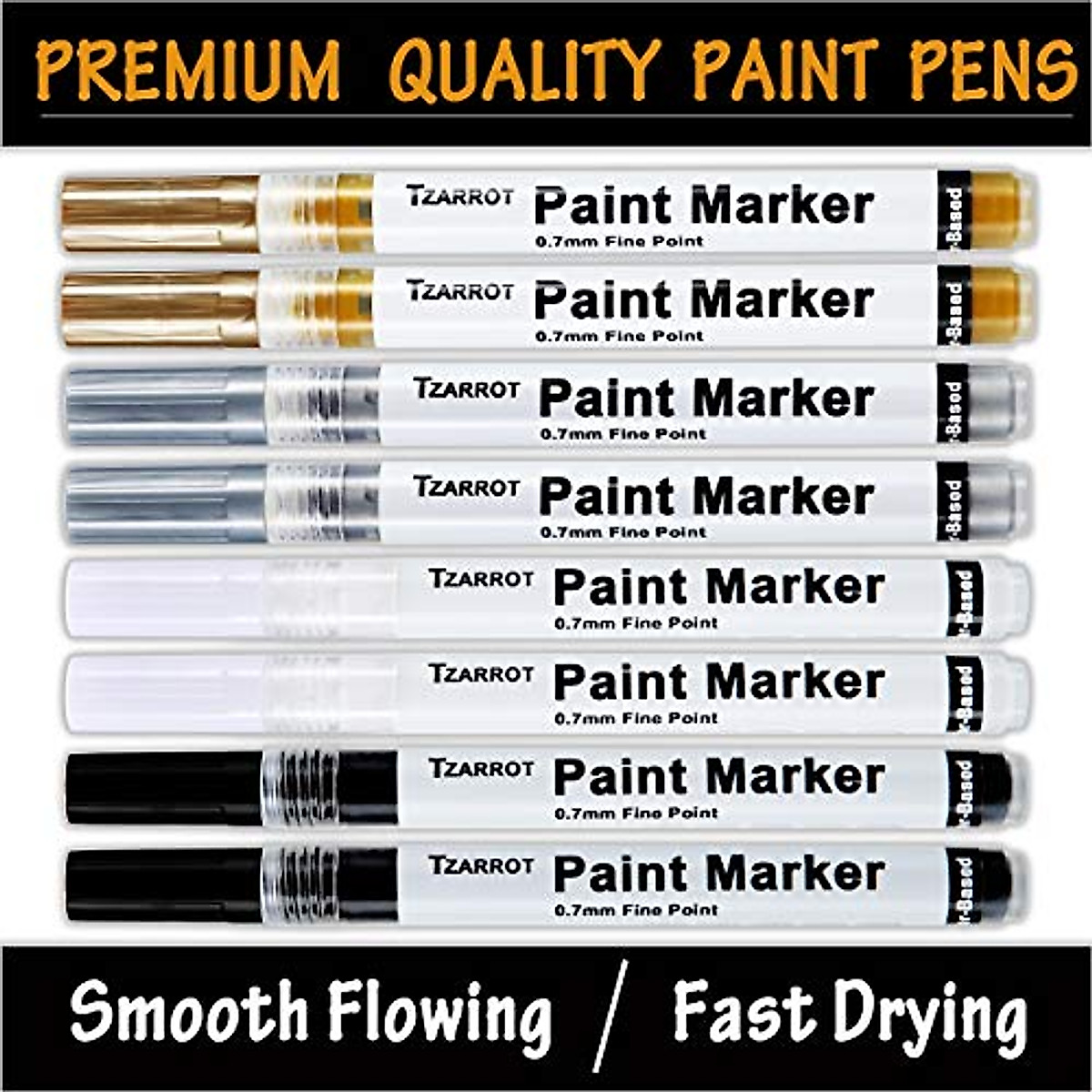 White Paint Pen, 8 Pack 0.7mm Acrylic Paint Pens with 2 White 2 Black 2 Gold 2 Silver Paint Pen Permanent Marker for Wood Rock Fabric Metal Plastic Ceramic Acrylic Paint Markers Extra Fine Tip