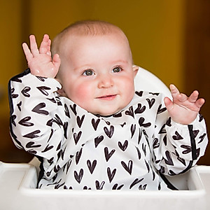 Bumkins Sleeved Bib for Girl or Boy, Baby and Toddler for 6-24 Months, Essential Must Have for Eating, Feeding, Baby Led Weaning Supplies, Long Sleeve Mess Saving Food Catcher, Hearts Black and White