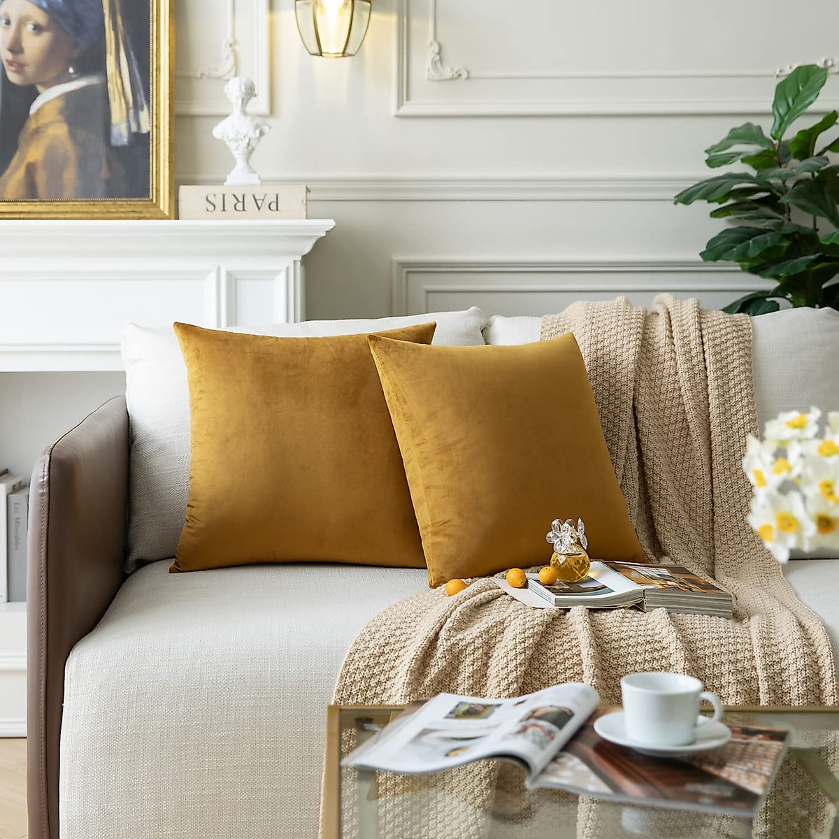 Colormz Set of 2 Golden Brown Colored Solid Velvet Throw Pillow Covers, Cozy Soft Accent Pillow Cases for Sofa Couch Bed and Living Room - 18"x18"