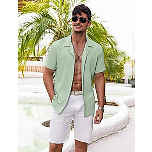 COOFANDY Button Down Shirt Men Button Down Short Sleeve Shirt Button Up Shirts for Men Linen Shirts for Men Summer Beach Shirt Light Green - M