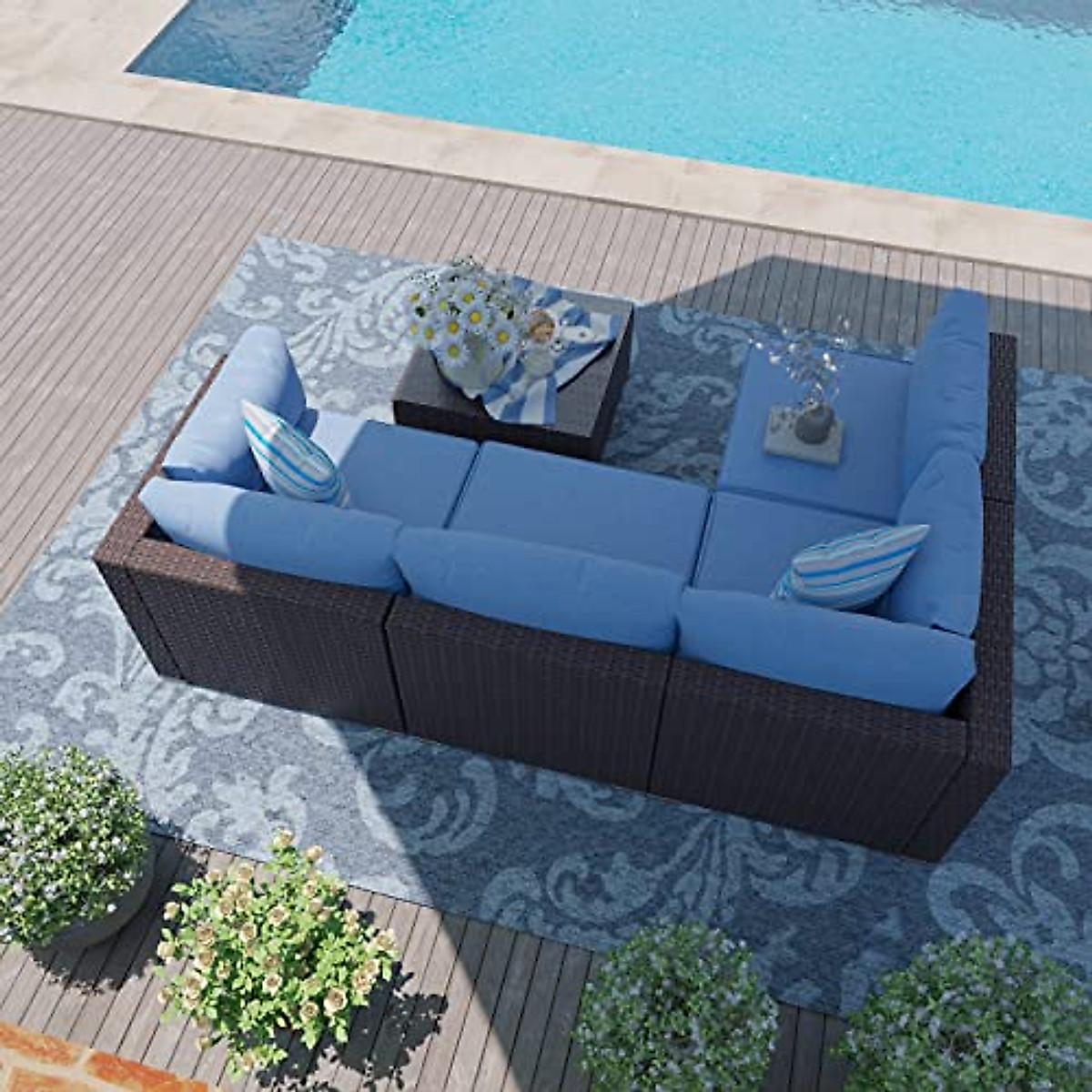 SUNBURY 5-Piece Outdoor Sectional Brown Wicker Sofa, PE Rattan Patio Furniture Set w Blue Cushion, Tempered Glass Table, Weatherproof Cover for Backyard