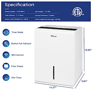 DELLA 3000 Sq. Ft Smart Dehumidifier WIFI, 35 Pint DOE (Previously 50 pint), 115V Energy Star Appliance, Ideal for Basements, Large & Medium Rooms, and Bathrooms