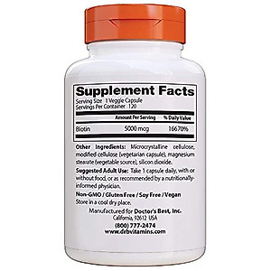 Doctor's Best Biotin Supports Hair, Skin, Nails, Boost Energy, Nervous System, Non-GMO, Vegan, Gluten Free, 120 Count