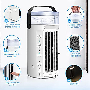 Small Portable Air Conditioners for Car, 400 ML Mini Personal Portable Water Air Cooler with 7 Color LED Light, White AC Fans that Blow Cold Air Rechargeable