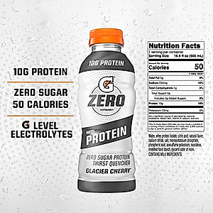 Gatorade Zero With Protein, 10g Whey Protein Isolate, Zero Sugar, Electrolytes, Glacier Cherry, 16.9 Fl Oz, 12 Pack