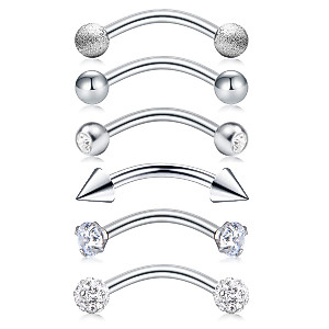 Briana Williams 6pcs Stainless Steel Silver Rook Daith Earrings Belly Lip Ring Eyebrow Studs Cartilage Tragus Cubic Zirconia Barbell Body Piercing 8mm (5/16")