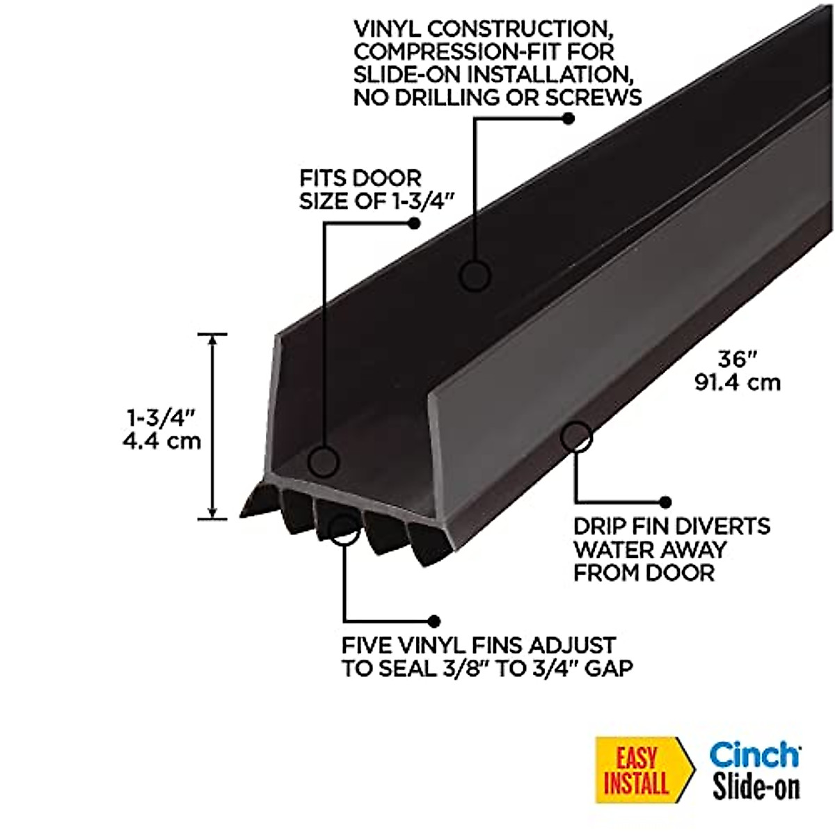 M-D Building Products 43337 36-inch Brown Vinyl U-Shape Cinch Slide-On Under Door Seal