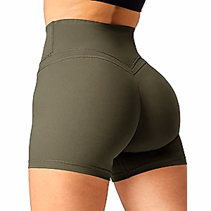 YEOREO Workout Biker Shorts for Women Athletic Scrunch Butt High Waisted Running Gym Shorts Yoga Tummy Control Spandex Military Olive L