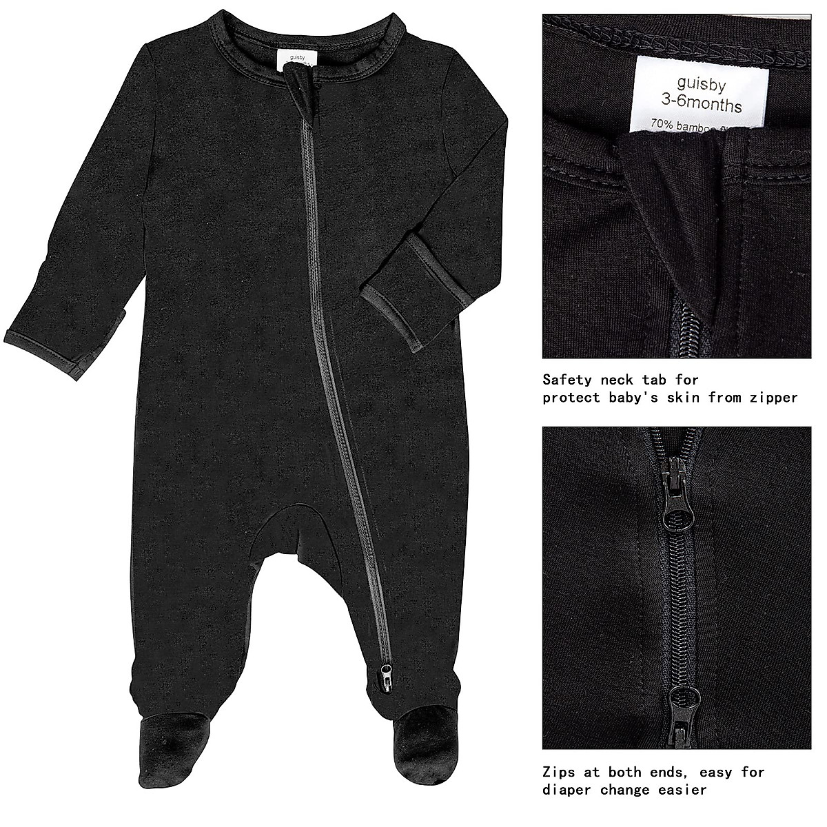GUISBY Baby Boy Rayon Pajamas 2 Way Zip Front, Sleep and Play Footies Long Sleeve Grey Pjs Jumpsuit Black-Grey-0-3