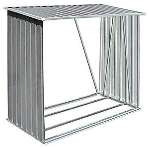 vidaXL Grey Galvanised Steel Wooden Storage Shed Garden Patio Log Holder