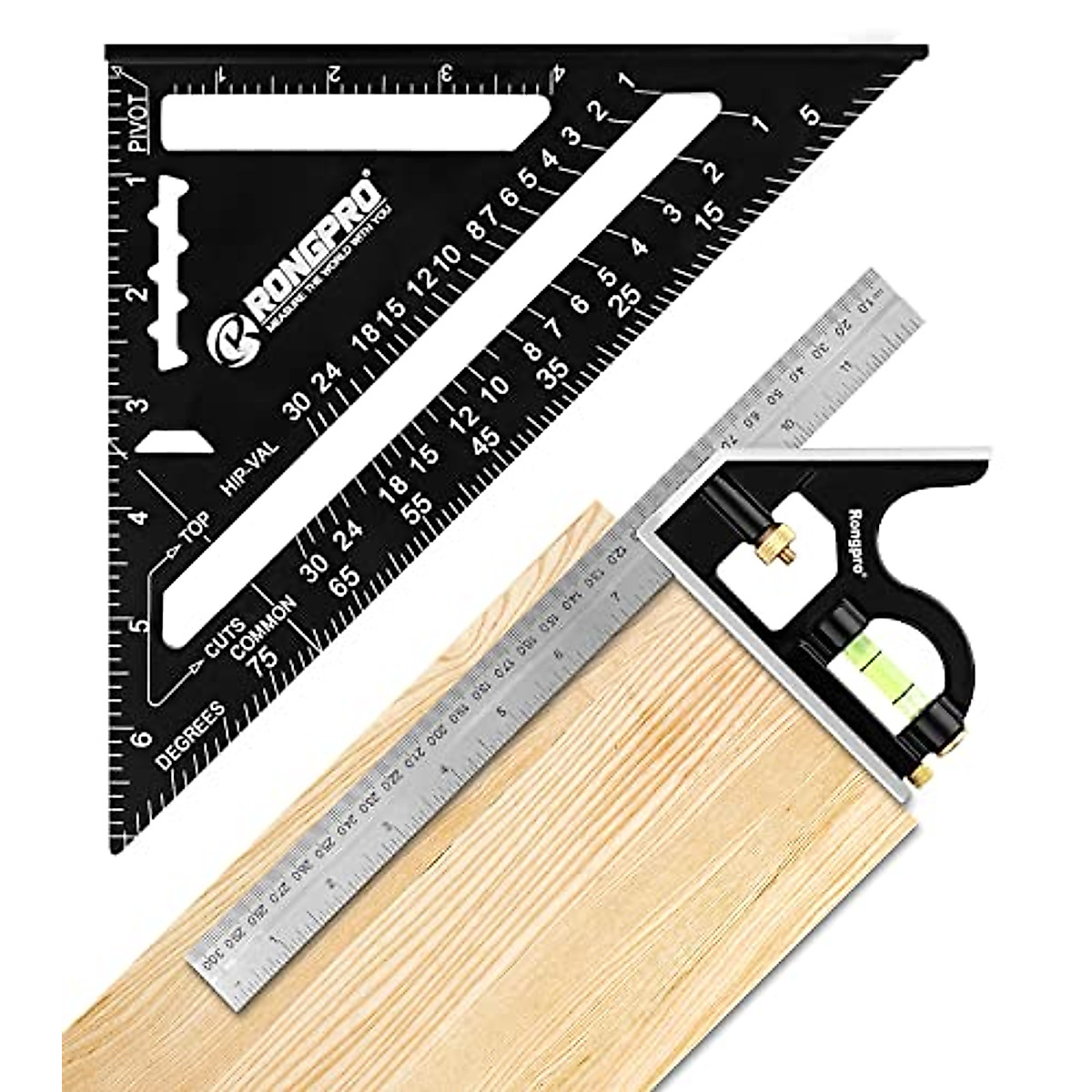 RONGPRO Rafter Square and Combination Square Tool Set, 7 Inch Triangle Carpenter Square Die-cast Aluminum Alloy and 12 Inch Zinc-Alloy Die-Casting Combo Square Ruler - Rafter Square Layout Tool