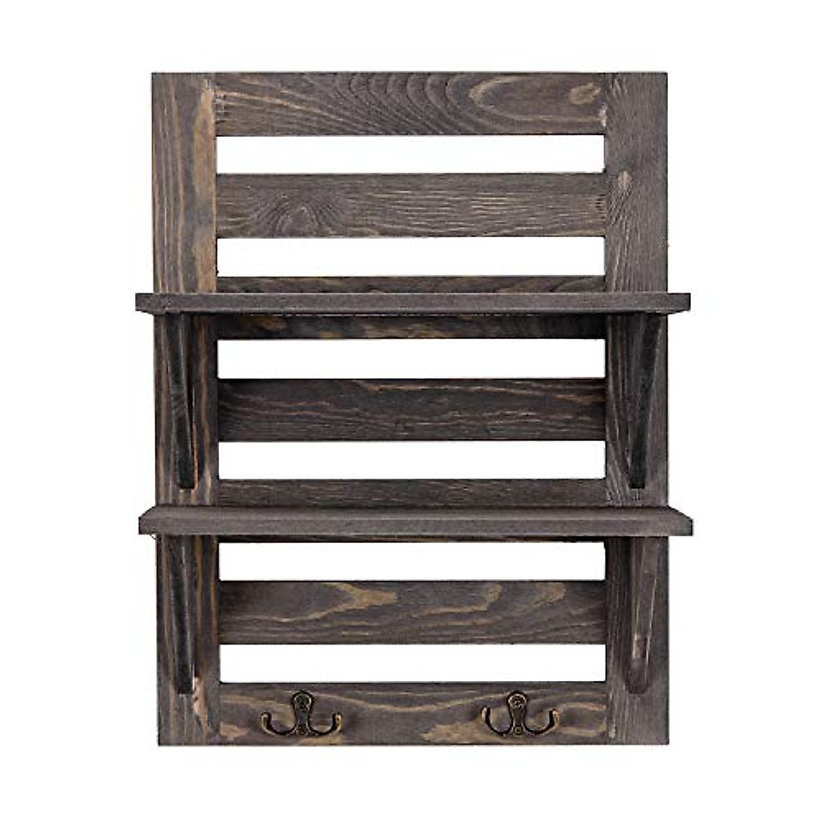 VERGOODR Rustic Wooden Wall Mounted Organizer Shelves with 2 Hooks, 2-Tier Storage Rack, Decorative Wall Shelf Organizer,Kitchen,Bathroom,livingroom Farmhouse Rustic Décor,Grey (Grey)