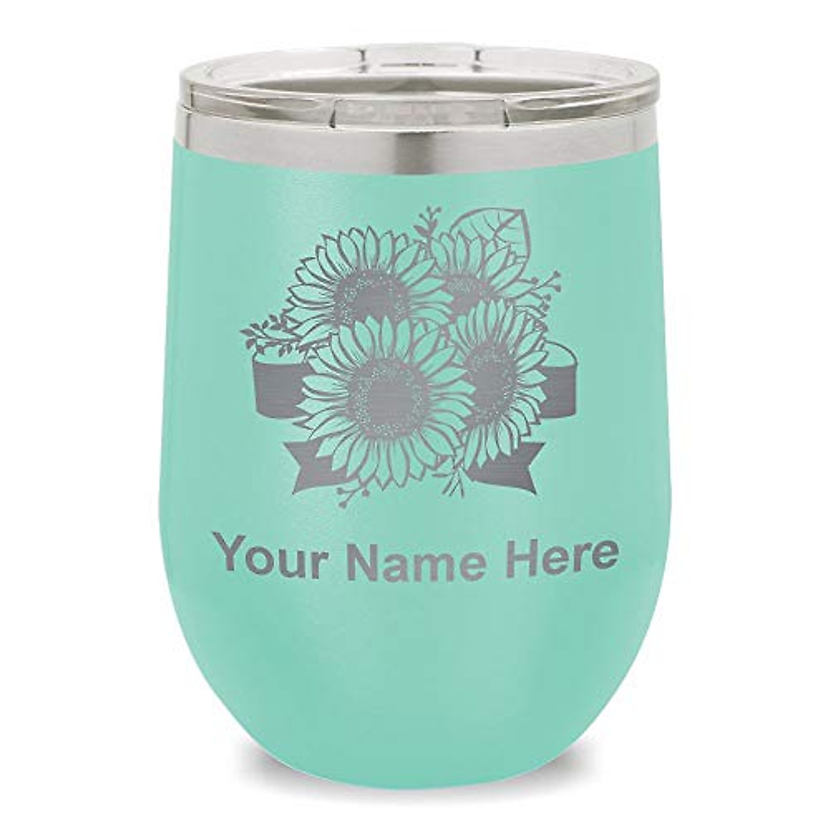 SkunkWerkz Wine Glass Tumbler, Sunflowers, Personalized Engraving Included (Teal)