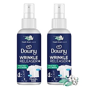 Downy Wrinkle Releaser Spray All In One Wrinkle Release Spray Travel Size, Odor Eliminator, Static Remover Fabric Refresher & Ironing Aid for Clothes 3 Fl Oz (Pack of 2), Crisp Linen Scent