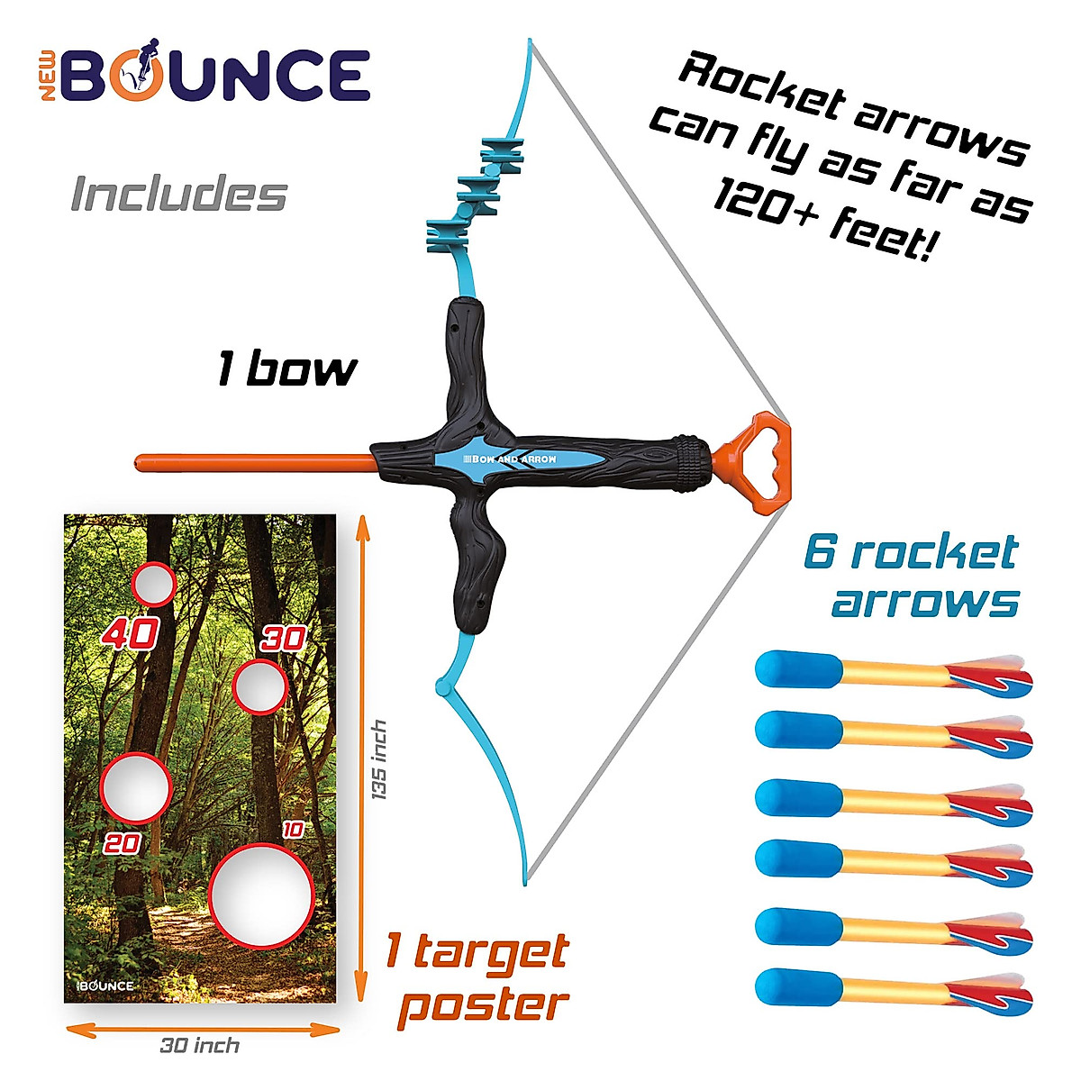New Bounce Bow and Arrow Set for Kids - Toddler Archery Set - includes Target Poster - Cool Boys Toys for 6, 7, 8, 9, 10, 11 & 12 Year Old Christmas, Birthday Gifts Multicolor