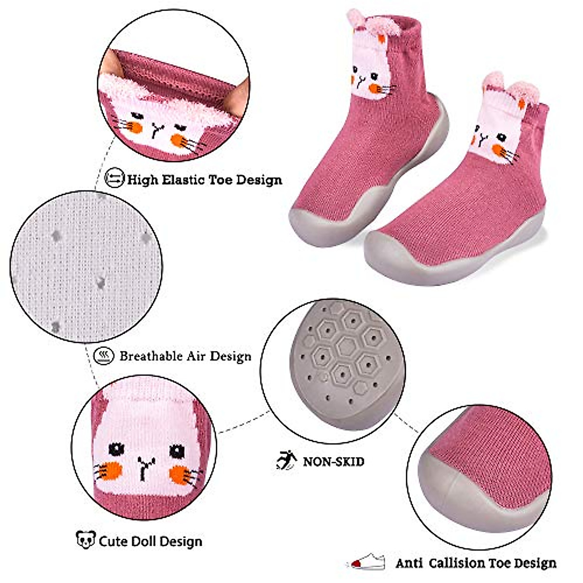 Pluatyep Baby Toddler Sock Shoes Non-Skid Slipper with Soft Sole Breathable Cotton Blend Walking Shoes for Infant Girls Boys(PinkCat,13.5cm)