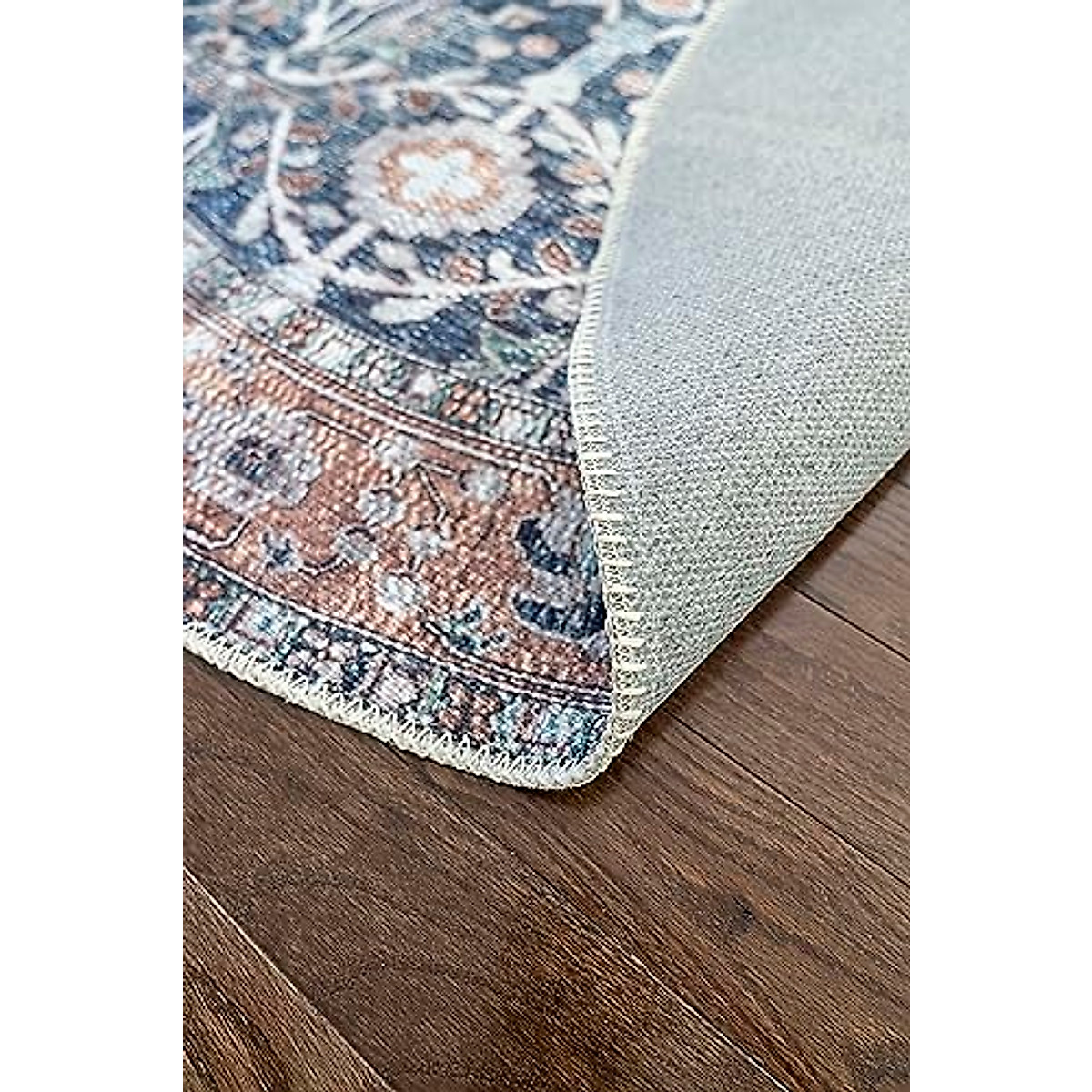 Softwoven Rugs, 5' Round Machine Washable Rug, 90% Cotton, Non-Slip, Family & Pet Friendly, Stain Resistant, Non-Shed, Vintage Design Area Rug for Living Room, Hallway - Navy and Brown