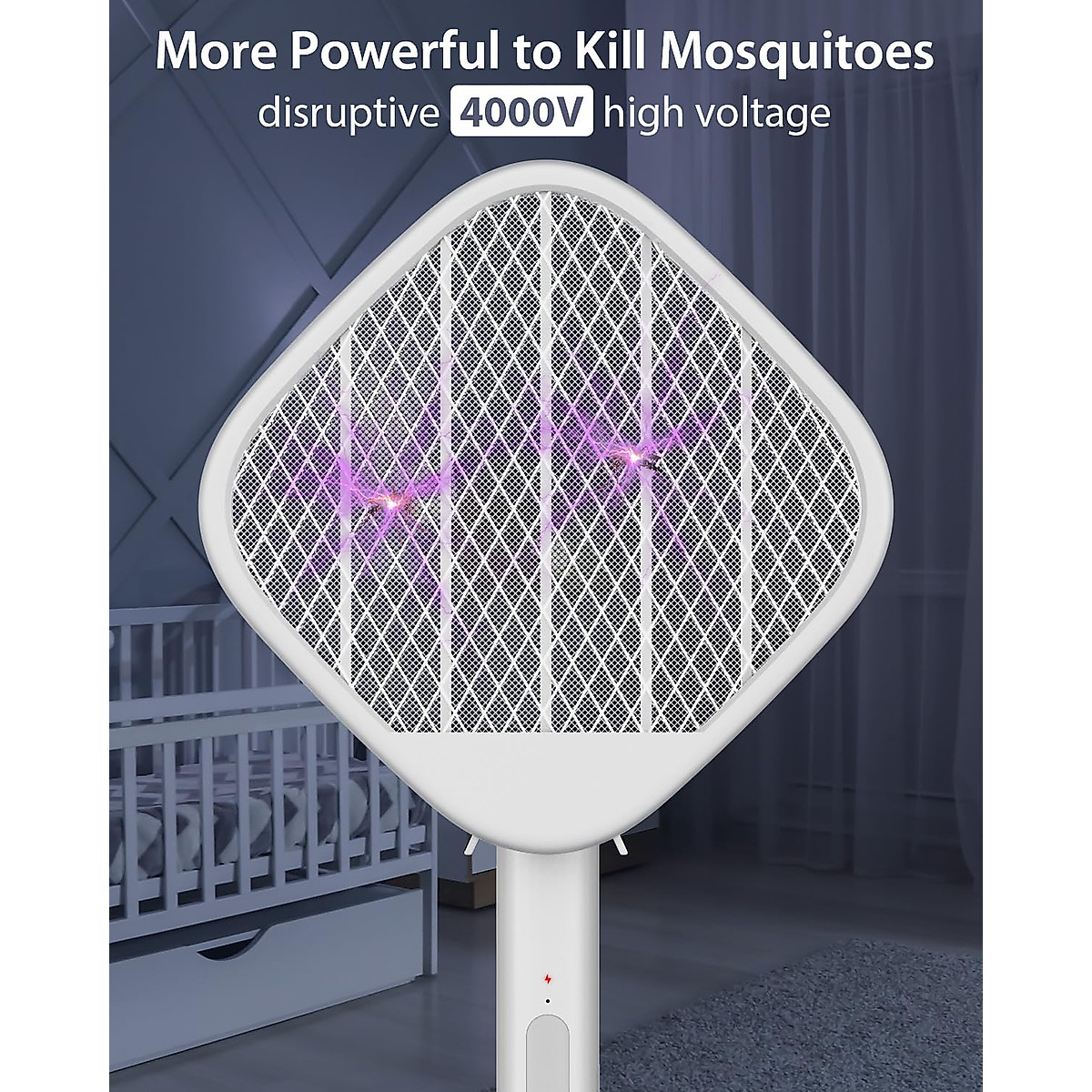 Electric Fly Swatter Racket Fly Zapper - Powerful 4000V Mosquito Zapper Racket & Night Bug Zapper 2 Modes, Foldable Hanging Standing Handheld Rechargeable Fly Killer, 3-Layer Safe for Humans Pets
