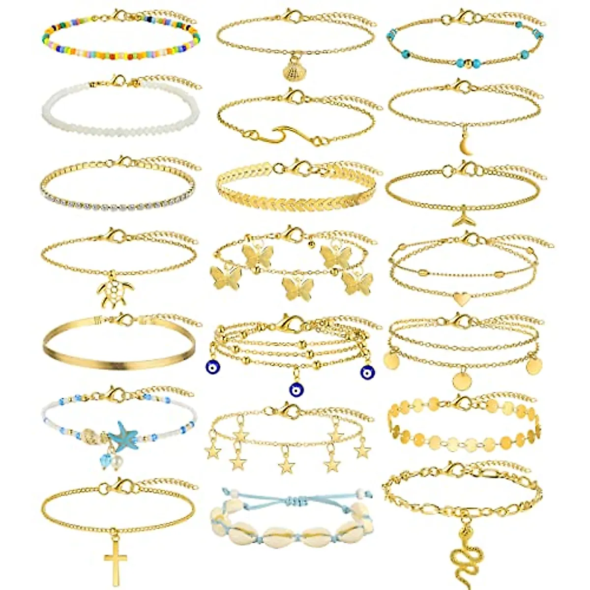 iF YOU 20 Pcs Gold Ankle Bracelets Set for Women Girls, Boho Colorful Beach Beaded Chain Anklet Bracelet, Starfish Turtle Adjustable Anklet Foot Jewelry.