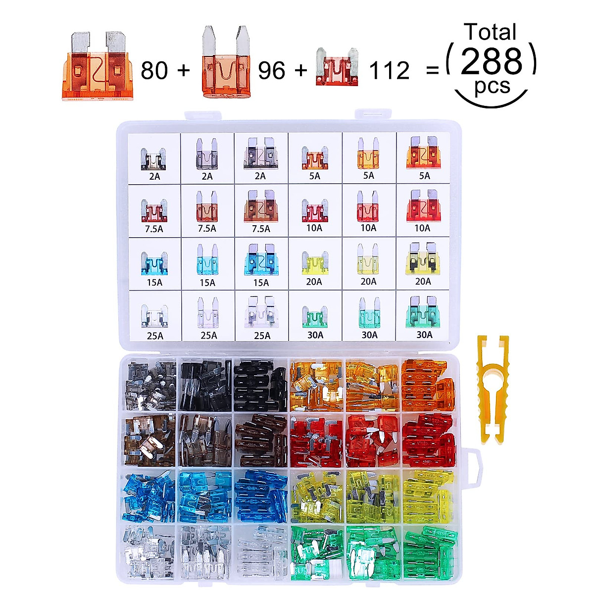 288 Pieces Car Fuses Assortment Kit - Blade Fuses Automotive - Standard & Mini & Low Profile Mini Size (2A/5A/7.5A/10A/15A/ 20A/25A/30AMP/ATC/ATO) Replacement Fuses for Marine, Auto, RV, Boat, Truck