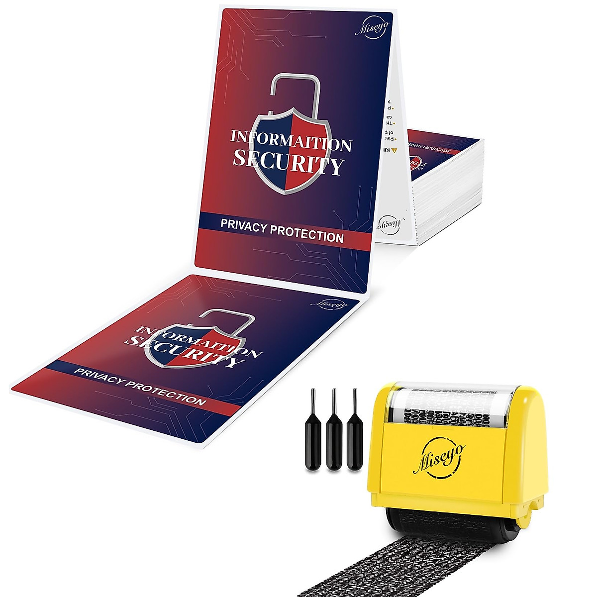 Miseyo Wide Identity Theft Protection Roller Stamp Set - Yellow(3 Refill Ink Included) with Privacy Protection Sticker for Postage Shipping Label 20 Pcs