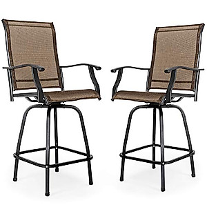 Nuu Garden Outdoor Swivel Bar Stools Set of 2, All-Weather Textilene Bar Height Patio Chairs with Armrests for Balcony and Sunroom, Black and Brown