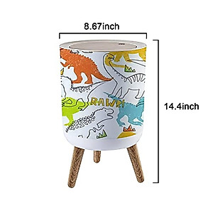 SHL96PZGX Small Garbage Can with Lid Grunge Seamless with Dinosaur on White Print for Boys with Wood Long Legs Simple Human Trash Can for Kitchen, Bathroom, Dog Proof, 1.8 Gallon - 7L