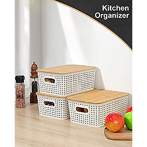 EOENVIVS Plastic Storage Baskets With Bamboo Lid Pantry Organization and Storage Containers Lidded Organizer Bins Small Baskets for Shelves Drawers Desktop Closet Playroom Classroom Office, 3 Pack