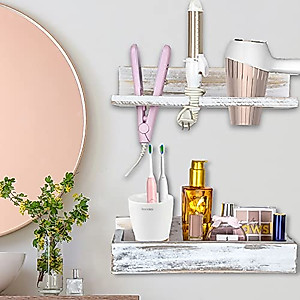 Hair Tool Organizer Wall Mounted - Wooden Hair Dryer Holder, Rustic Blow Dryer Holder for Curling Iron, Hot Tools, Hair Straighteners, Set of 2 Bathroom Vanity Tray for Makeup,Toiletries, White
