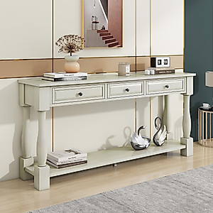 Merax LUMISOL 64 inch Long Console Sofa Table with 3 Drawers and Bottom Shelf, Hallway Table Entryway Table for Living Room, Easy Assembly (Antique White).