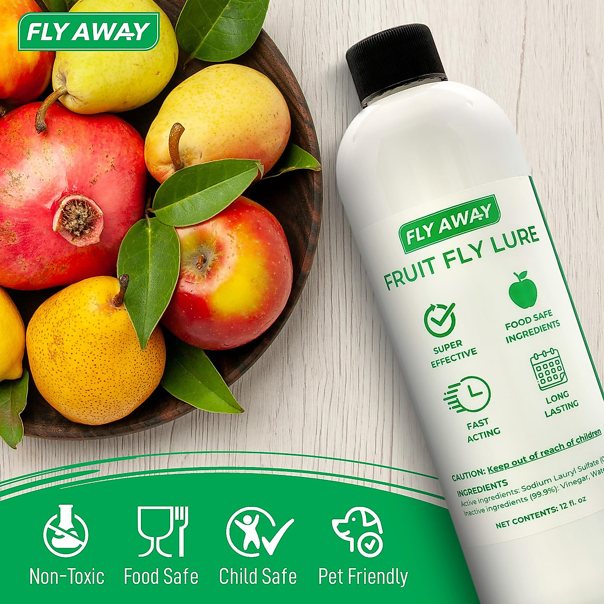 Fly Away Fruit Fly Liquid Lure - Trap Fruit Flies Fast. Safe Around Food. Fruit Fly Trap Indoor Bait for Kitchens, Restaurants, and Bars. Use Alone or as Refill for Fly Away Fruit Fly Trap Kit (12 oz)