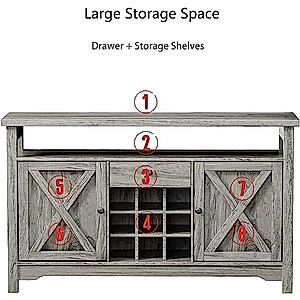 Farmhouse Coffee Bar Cabinet, 47" Kitchen Buffet Storage Cabinet with 9 Wine Racks, Sideboard Buffet Cabinet with 2 Barn Doors and Drawer, Wine Bar Cabinet for Dining Room, Living Room, Rustic Gray
