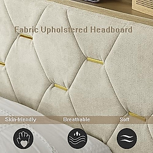 Klwenas Maec Queen Size Bed Frame,Modern Fabric Platform Bed Frame with Outlet & USB Ports,Storage Headboard,Heavy Duty Mattress Base,Wooden Slat Support,No Box Spring Needed (Beige, Queen)