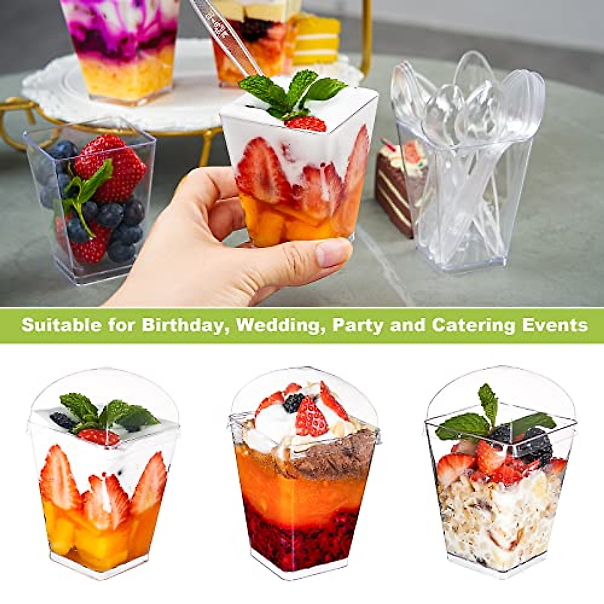 Kucoele 50 Pack 5 oz Plastic Dessert Cups with Lids, Mini Pudding Cups with Spoons Clear Parfait Cups Appetizer Cups for Fruit Mousse Yogurt and Tastings