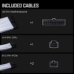 TECWARE Flex Power Supply Sleeved Cable, 16 AWG PSU Extension Cable Kit of White Connector, 1x24Pin/1x4+4 EPS/2x6+2 PCI-E, 30cm Length with Combs (Black/Gray)