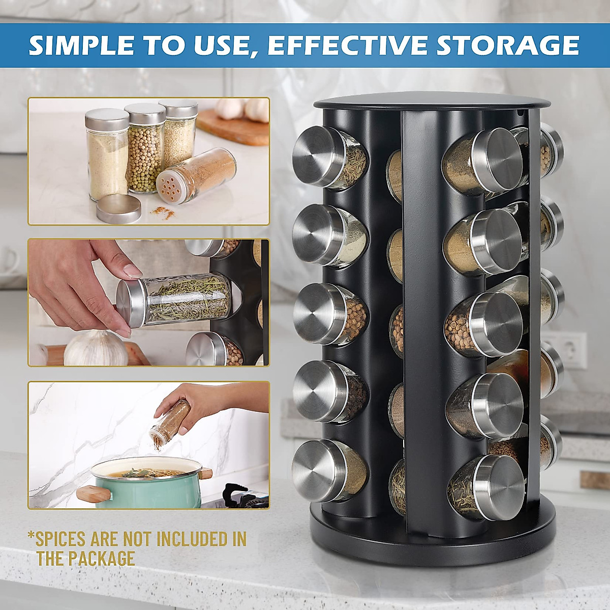 Black Countertop Revolving Spice Rack, Empty 20-Jars Rotating Spice Rack Organizer, Round Carousel Spice Rack Tower, 135 Spice Labels with Funnel Complete Set, for Kitchen Countertop, Cabinet