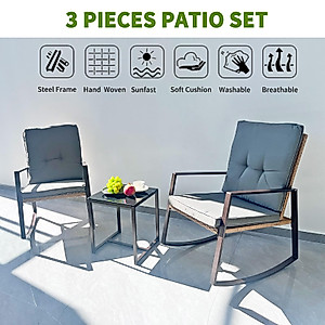 VSMKSJ 3 Pieces Patio Rocking Chairs Set of 2, Outdoor Wicker Patio Sets Conversation Coffee Table for Front Porch,Balcony,Garden,Poolside,Washable Cushion (Grey)