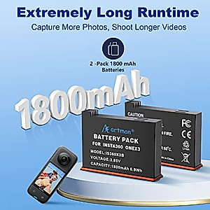 Artman X3 Battery Kit for Insta360, 2-Pack 1800mAh One X3 Battery and Dual USB Charger Compatible with Insta360 X3 Action Camera (Battery Charger Hub with 2 Batteries)