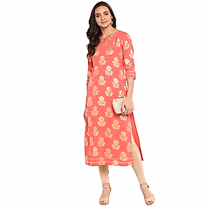 Janasya Indian Women's Tunic Tops Crepe Kurti for Women(JNE3261-KR-XL) Peach
