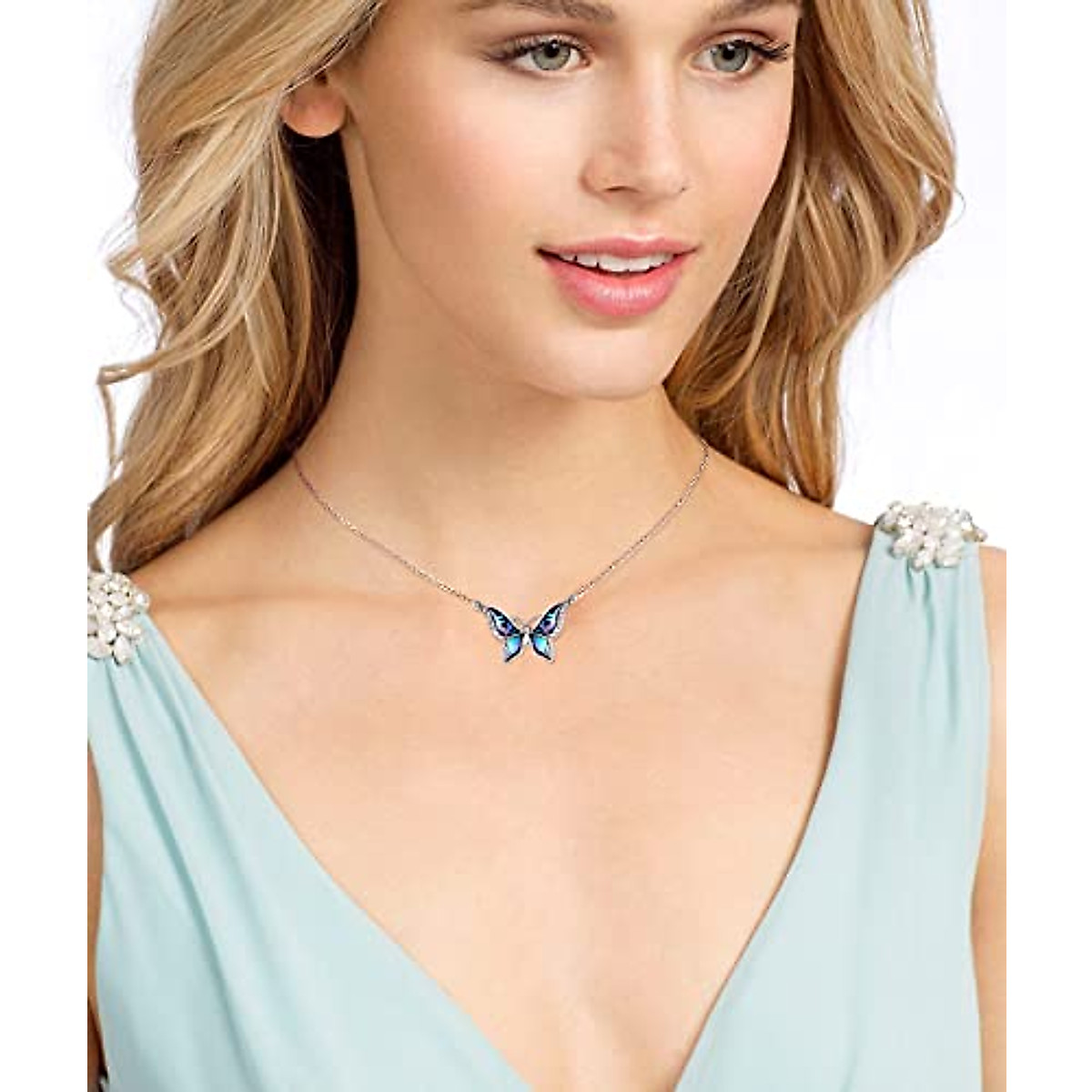 INFUSEU Small Butterfly Necklace Womens Abalone Pendant Jewelry 925 Sterling Silver