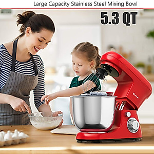 COSTWAY Stand Mixer, 6-Speed Tilt-Head Stand Mixer, 500W, Kitchen Electric Mixer with Dough Hook, Beater, Whisk, 5.3 Quart Stainless Steel Mixing Bowl and Splash Guard (Red)