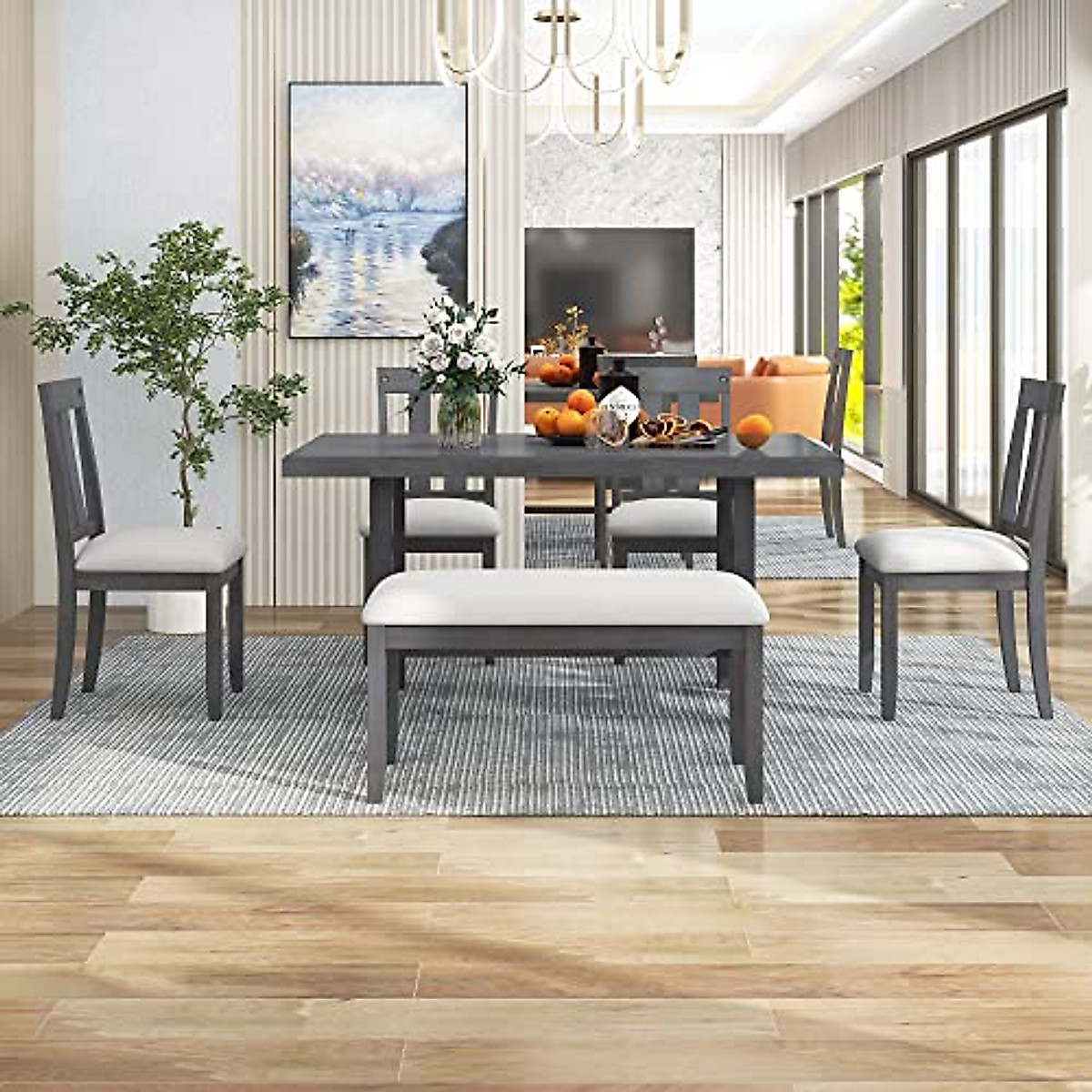 6 Piece Dining Table Set, Rectangle Dining Table with 4 Upholstered Chairs & a Bench, Kitchen Table Chairs Set for 6 Persons, Wood Dining Room Set (Gray)