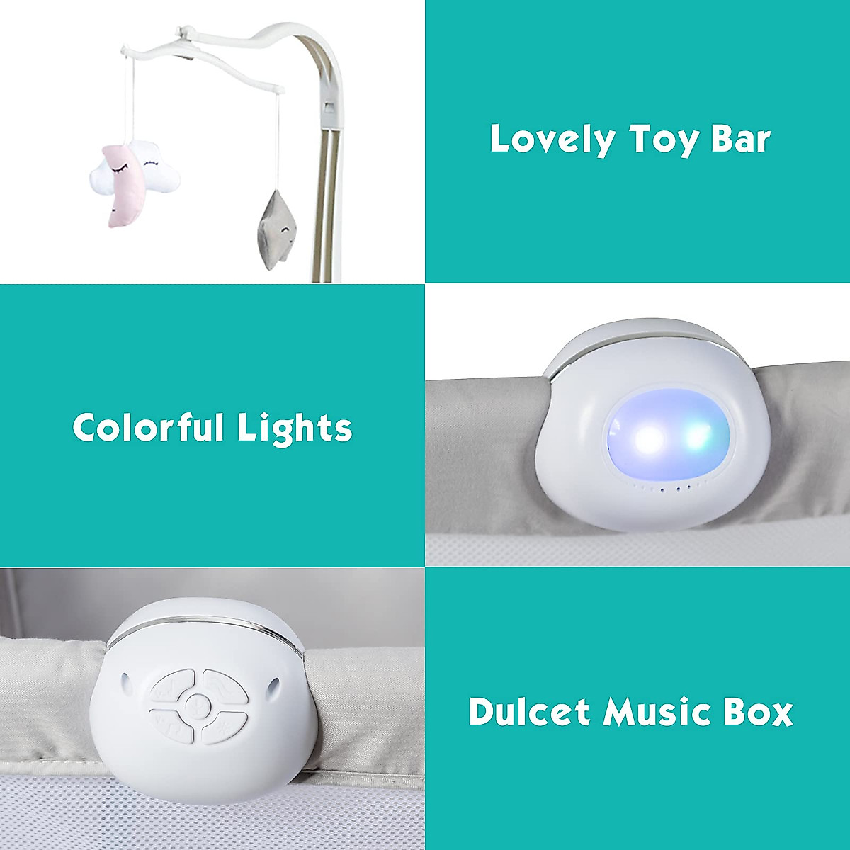 BABY JOY Baby Bassinet, Height Adjustable Portable Bassinet Crib w/Music Box, Toy Rack, Mattress, Breathable Mesh & Travel Bag, Easy Folding Bassinet Bedside Sleeper for Newborn Infant (Light Grey)