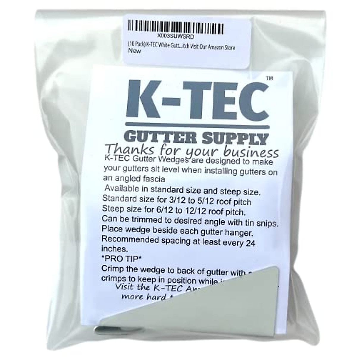 (10 Pack) K-TEC White Aluminum Gutter Wedge for 5 Inch K-Style Gutters- Use to Level Your Rain Gutters When Fascia is at an Angle for 3/12 Through 5/12 Roof Pitch. Larger Wedges Available from K-TEC
