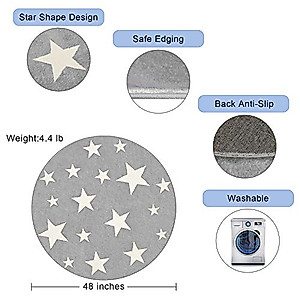 Topotdor Stars Round Rug Starry Sky Stars Area Rug Soft Durable Washable for Nursery Playroom Classroom (Grey,47 Inch)
