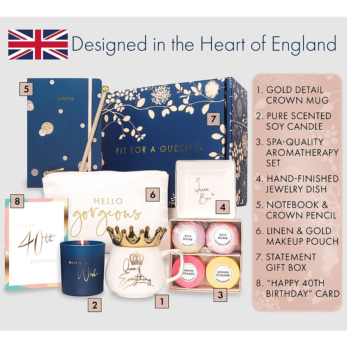 Luxe England Gifts Royal 40th Birthday Gift Basket for Women - Luxury 40th Birthday Gifts for Women Designed in Britain – High-end Unique 40th Birthday Gift Box for Women Friend, Wife, Mom, Sister