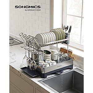 SONGMICS Dish Drying Rack - 2 Tier Dish Rack for Kitchen Counter with Rotatable and Extendable Drain Spout, Dish Drainer with Utensil, Cup, Glass, Cutting Board Holders, Gray UKCS032E01