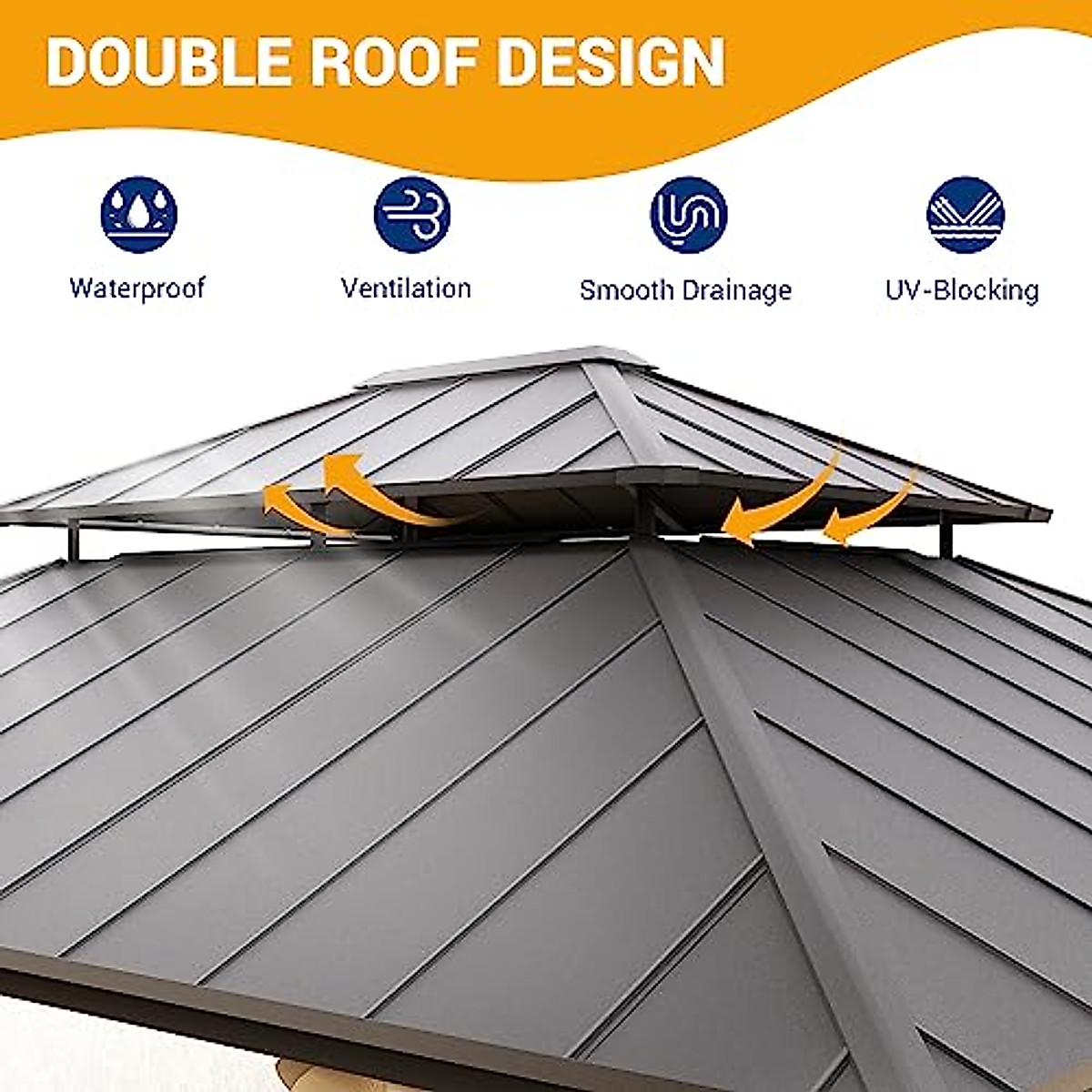 VONZOY 12' x 14' Hardtop Gazebo, Heavy Duty Double Roof Galvanized Steel Outdoor Metal Gazebo with Nettings & Curtains, Aluminum Gazebo with Vertical Stripes Roof for Patio, Backyard, Lawns [Beige]